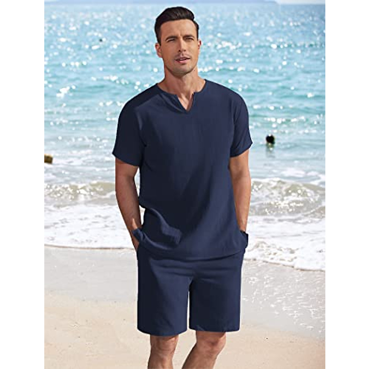 COOFANDY Men's 2 Pieces Short Sets Cotton Henley Shirts Short Sleeve Casual Beach Shorts Summer Yoga Outfits