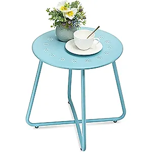 danpinera Outdoor Side Tables with Flower Cut Outs, Weather Resistant Steel Patio Side Table, Small Round Outdoor End Table Metal Side Table for Patio Yard Balcony Garden Blue
