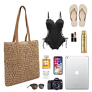 Give yibao Women's Straw Bags Handmade Woven Tote bag with Zipper Pocket Large Shoulder Bag