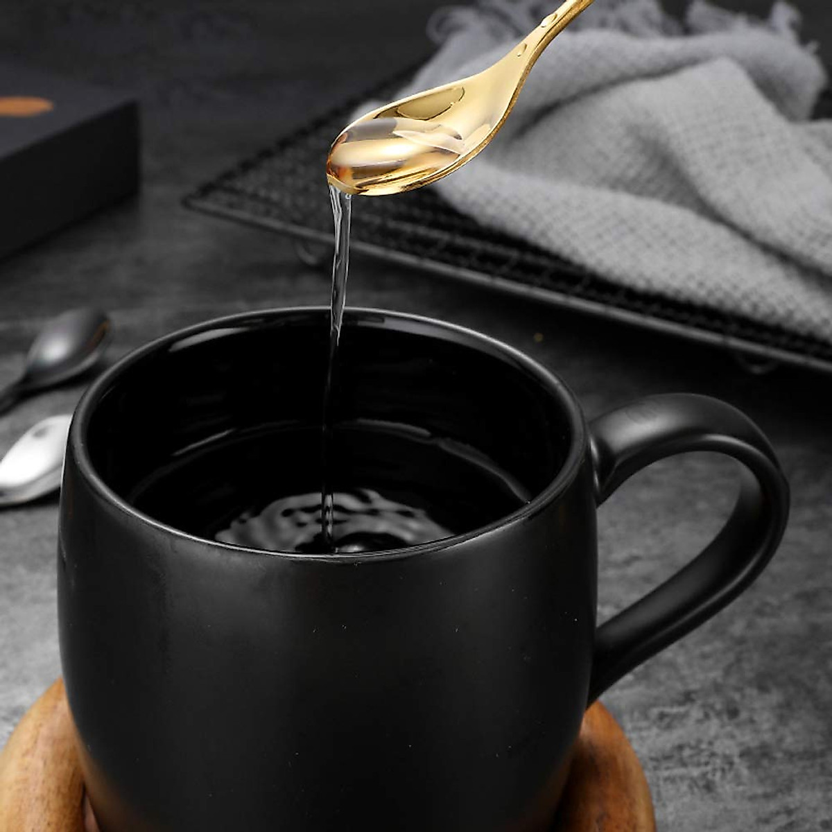 AnSaw 8 Pcs 4.7"Small Stainless Steel Leaf Handle Coffee Spoons(Gold, 8)