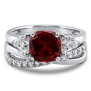 BERRICLE Sterling Silver 3-Stone Wedding Engagement Rings Simulated Ruby Cushion Cut Cubic Zirconia CZ Criss Cross Ring Set for Women, Rhodium Plated Size 7