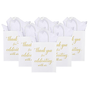 DjinnGlory 50 Pack Medium Sized White Paper Gift Bags with Tissue Paper 10x8x4 Inch, Thank You for Celebrating with Us Bags with Handles for Wedding Welcome Bridal Shower Party Favors Goodies