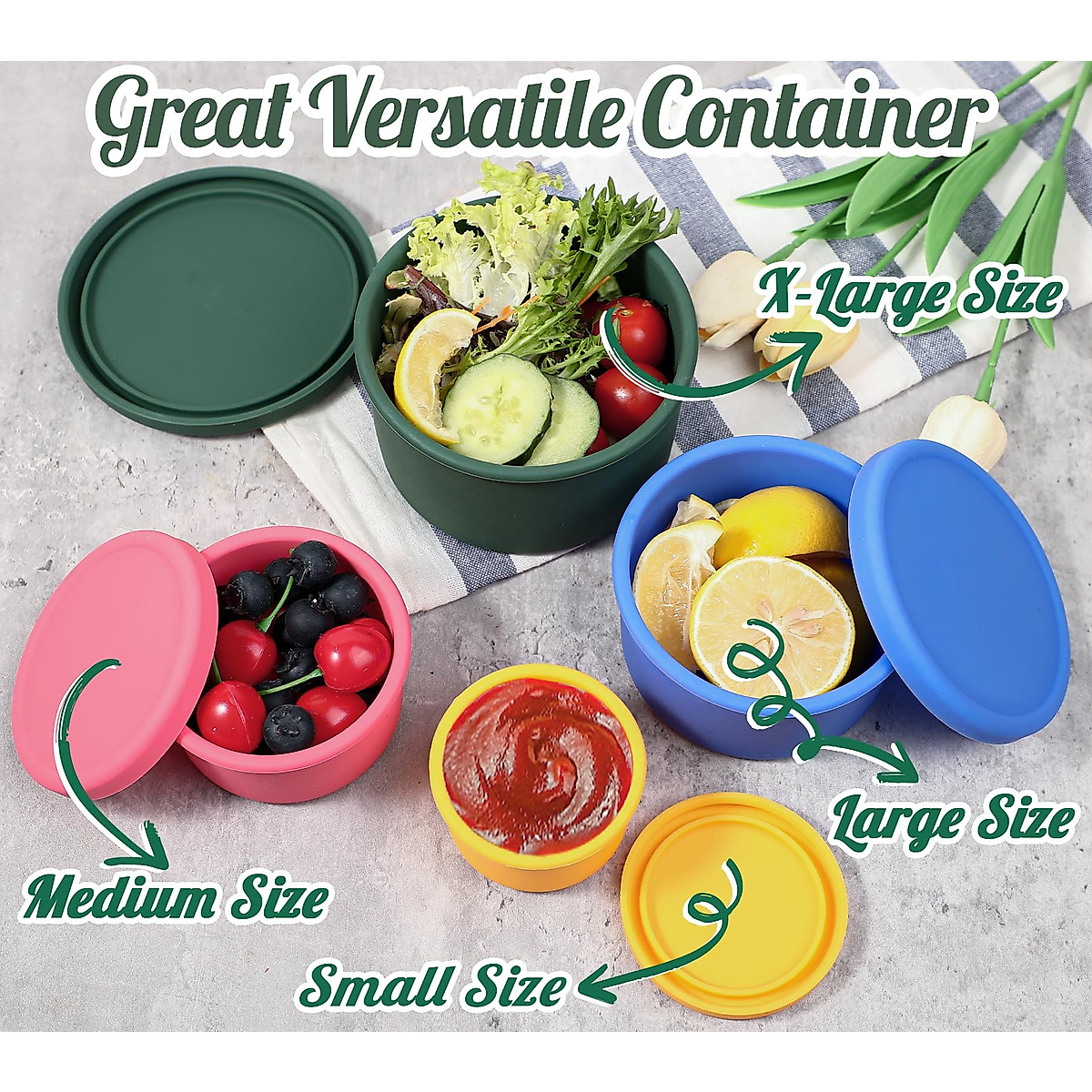 Webake Silicone Food Storage Containers with Lids, Large Nesting Portion Control Containers for Lunch Snack, Set of 4 (3oz,6oz,12oz,20oz)