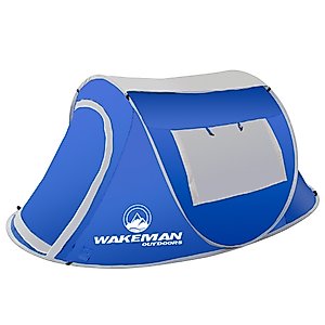 2 Person Pop Up Tent with Dual-Layer Door and Carry Bag - Water-Resistant Tent for Camping, Hiking, or Beach Use by Wakeman Outdoors (Blue)