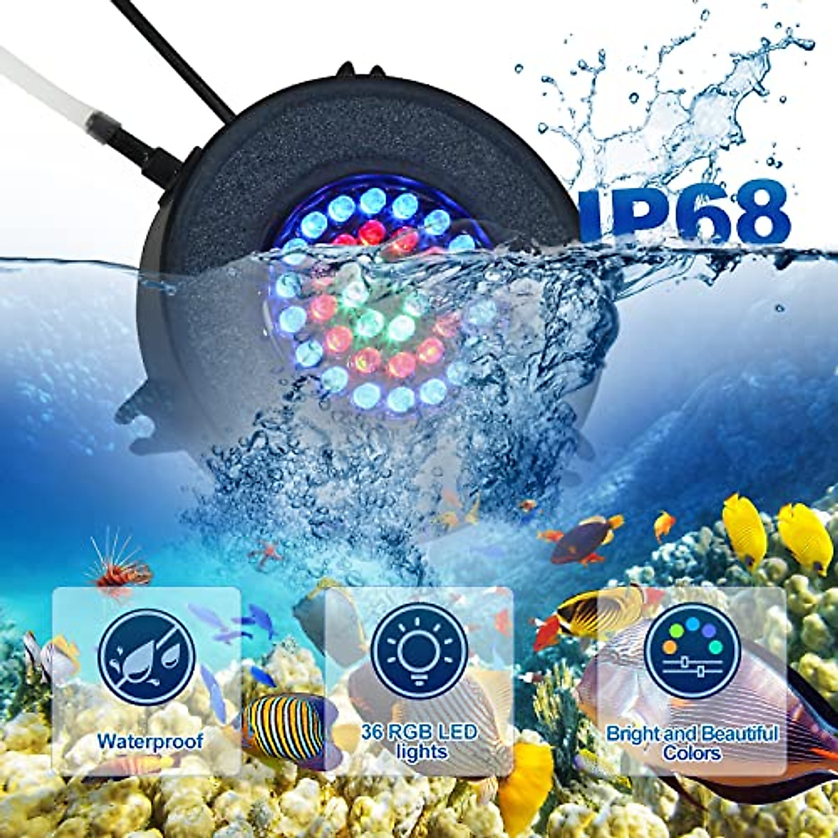 ABESTFISH Aquarium Air Bubble LED Light, 36 LEDs Fish Tank Aquarium Lights Air Stone Disk Kit Fish Tank Air Bubbler Decoration 13 Color Changing IP68 Waterproof with Remote Controller