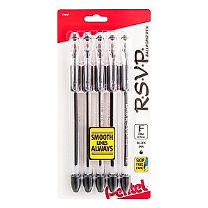 Pentel R.S.V.P. Ballpoint Pen, Fine Line, Black Ink, 5 Pack (BK90BP5A)