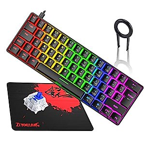 60% True Mechanical Gaming Keyboard Ultra-compact with 20 Rainbow Backlit Type C Wired Programmable 62 Keys Tactile Blue Switch Waterproof Non-Conflict and Gaming Mouse Pad  for PC/Laptop/PS5（Black)