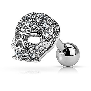 Forbidden Body Jewelry Surgical Steel Skull Earrings Micro CZ Paved Cartilage Stud 16G
