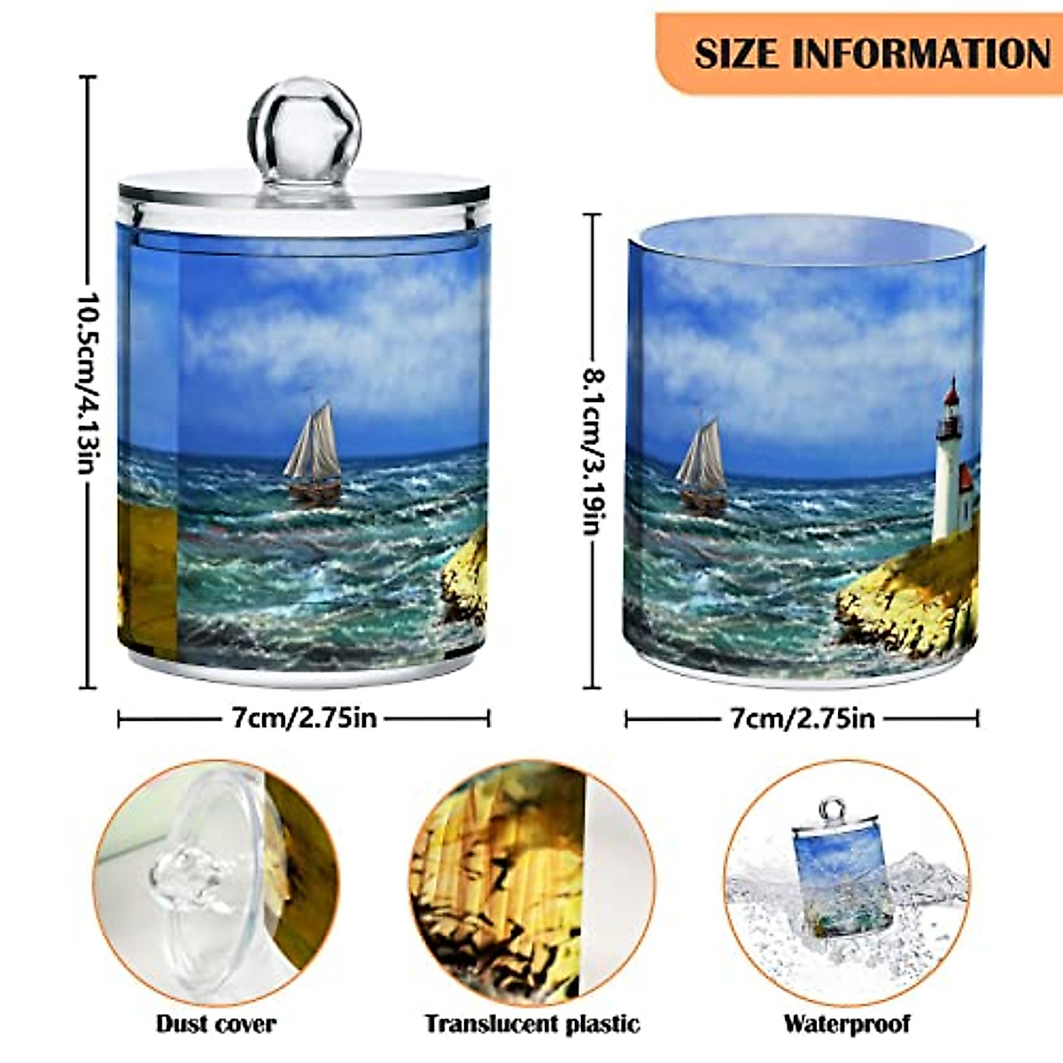 KEEPREAL Lighthouse Landscape Oil Paintings Qtip Holder Dispenser with Lids, 4PCS Plastic Food Storage Canisters, Apothecary Jar Containers for Vanity Organizer Storage