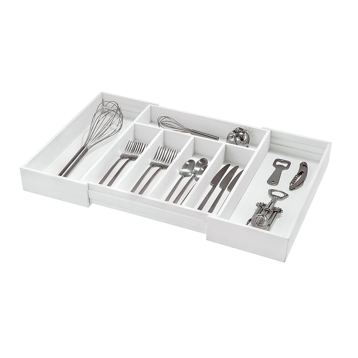 iDesign Renewable Paulownia Wood Collection Expandable Flatware and Cutlery Tray, 15" x 12"-22", White Wash