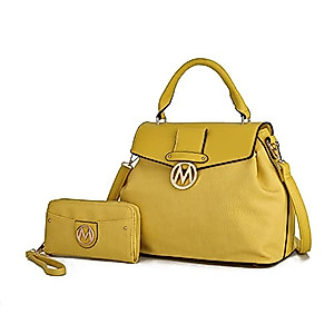 MKF Set Crossbody Satchel Bag for Women & Wristlet Wallet Purse – PU Leather Top Handle Tote – Shoulder Handbag Mustard