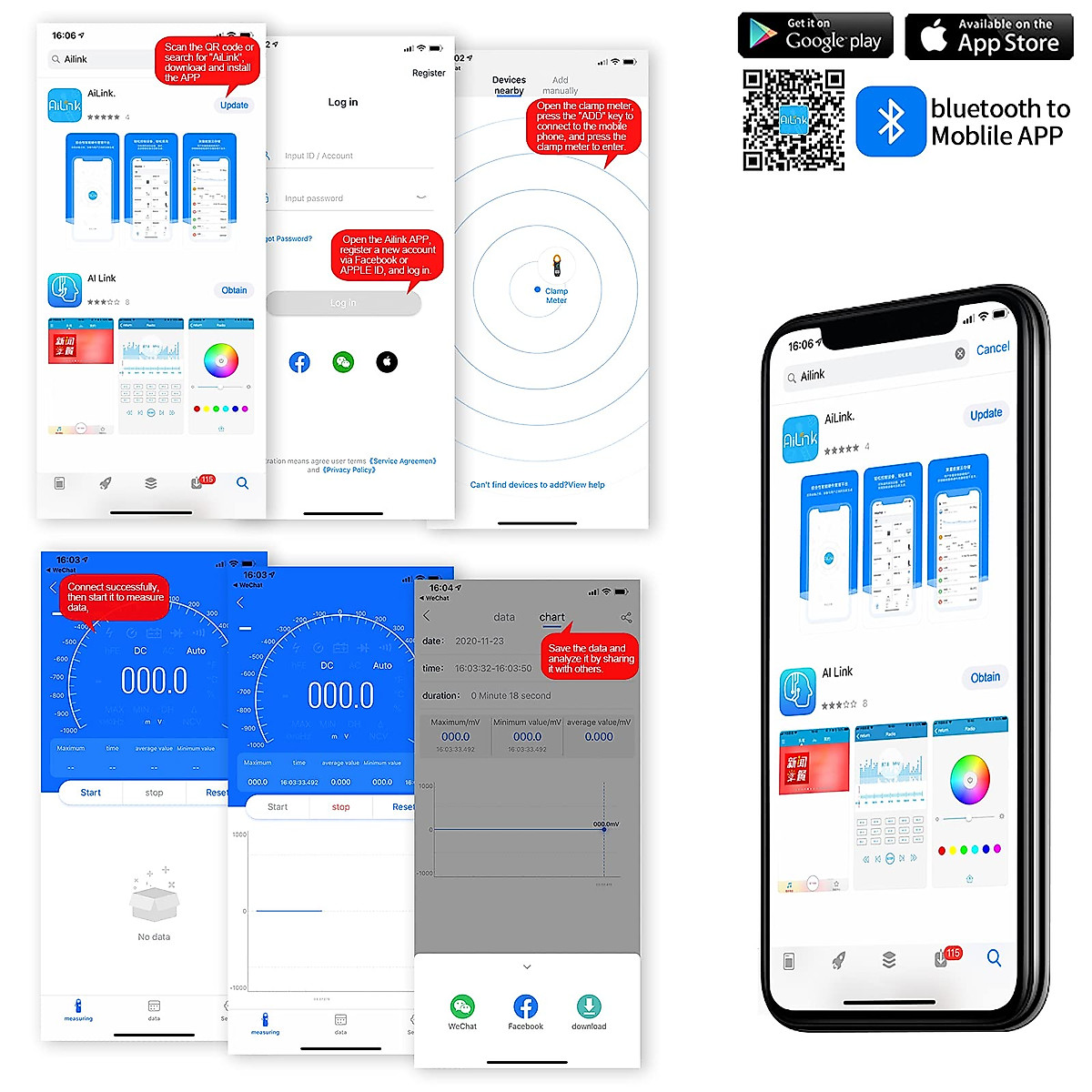 Wireless Bluetooth Clamp Meter, INFURIDER YF-7200APP 6000 Counts Auto-Ranging Digital Voltmeter Ammeter Measures DC AC Volt Amp Ohm Clamp on Multimeter with Capacitance,Temp,Diode Tester