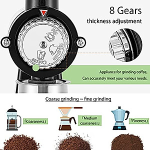 Huanyu Stainless Steel Coffee Grinder Electric with 8 Grinding Settings Flat Burr Coffee Grinder Adjustable Burr Coffee Grinders for Home Use Black