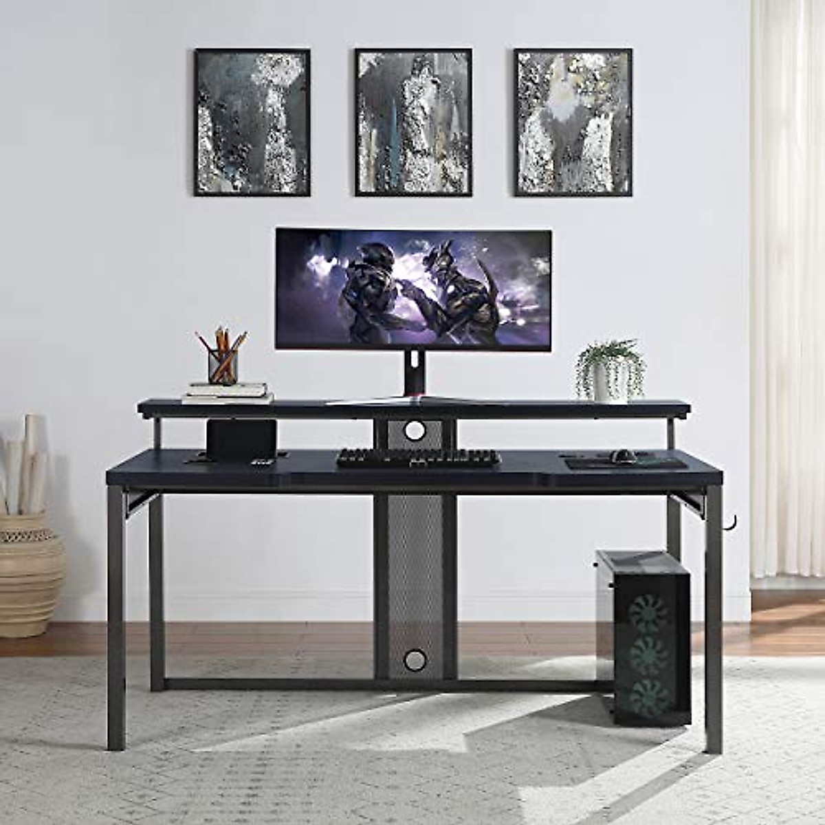 OSP HOME FURNISHINGS Furniture Adaptor 63 Inch Gaming Desk with RGB LED Lights and Smart Power Hub, Matte Black.