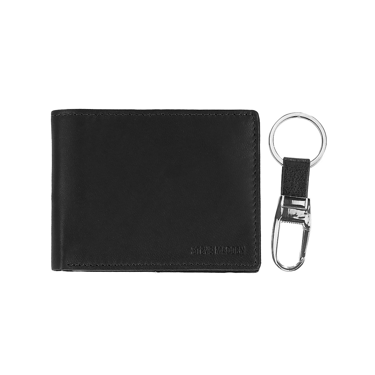 Steve Madden RFID Leather Wallet Gift Set With Key Fob Billfold, Black, One Size US