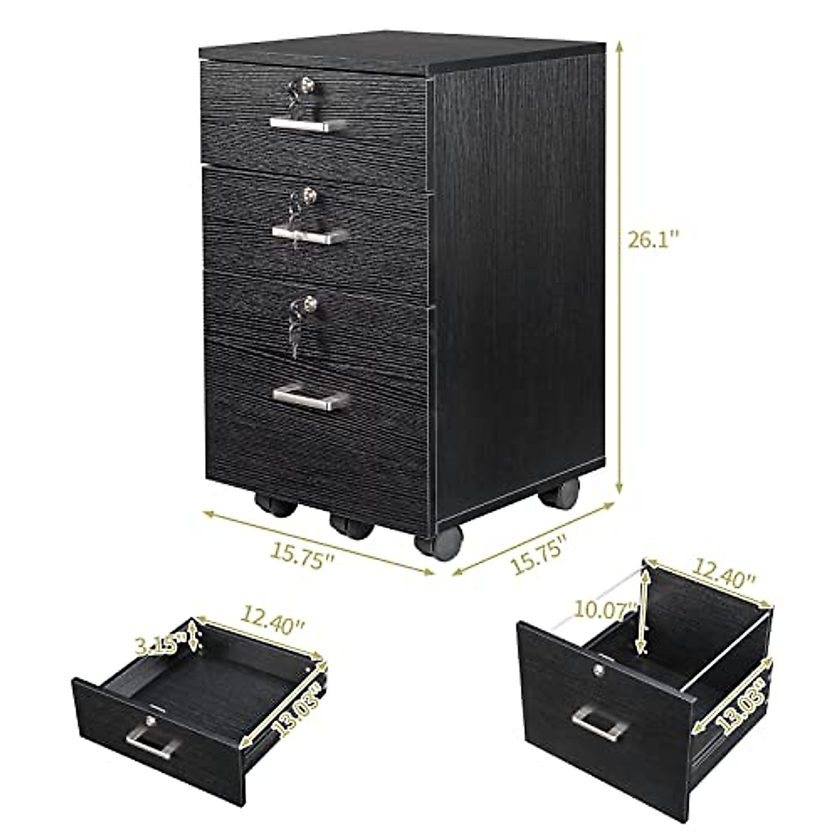 JOPESA Black Wood Grain Density Board Three Drawers Wooden Filing Cabinet