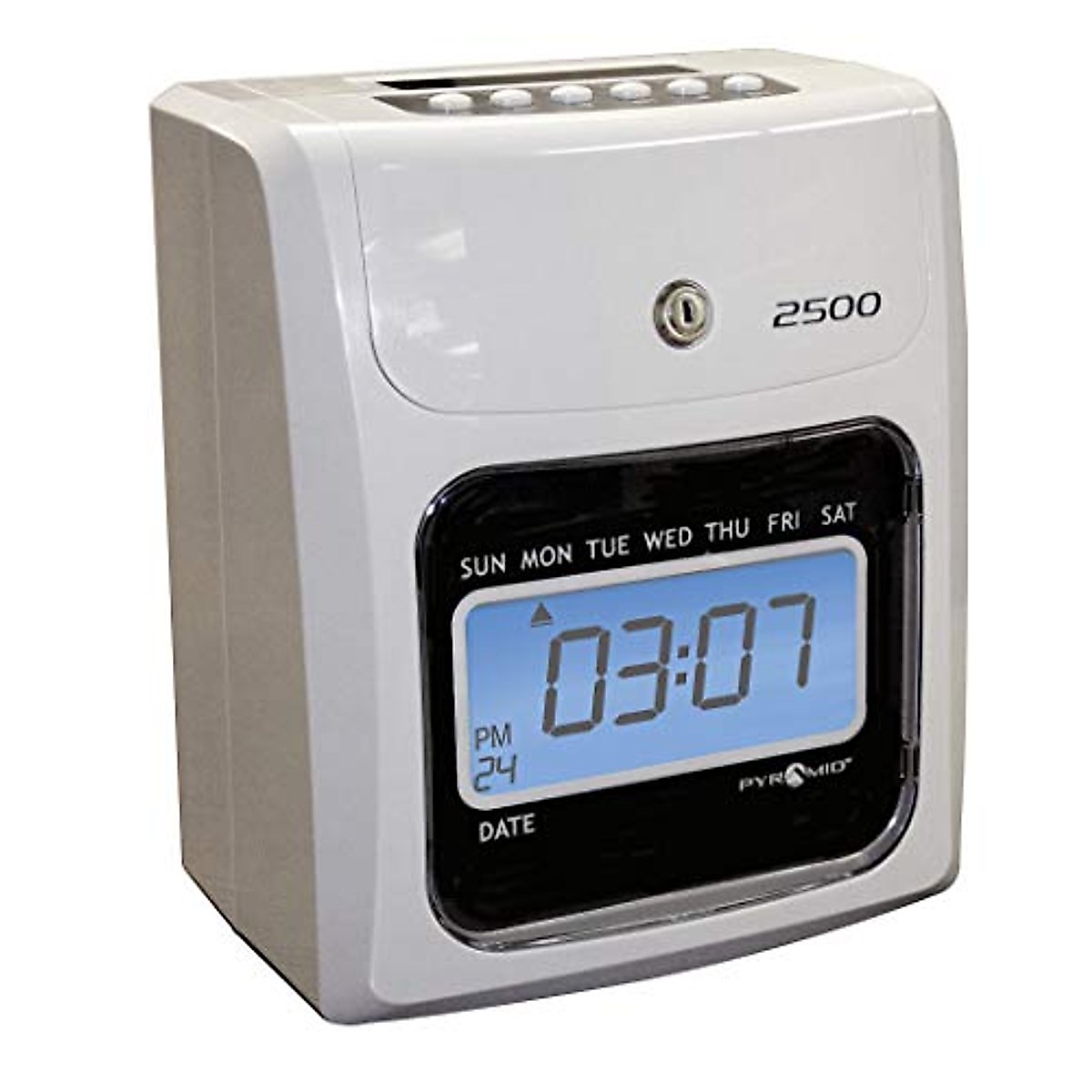 Pyramid Time Systems 2500K1 Bundle, Includes Model 2500 Auto Aligning and Top Loading Time Clock, 100 time Cards, Two Ink Ribbon cartridges, one 10 Slot time Card Rack and Two Security Keys