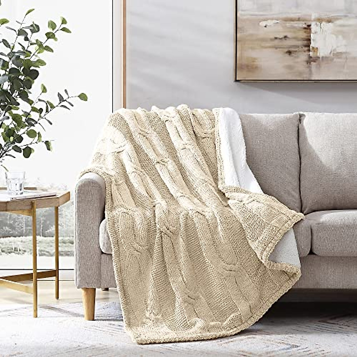 Modern Threads Cable Knit/Sherpa Throw Aspen Natural