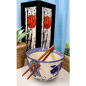 Ebros Ming Style Zen Blue White Koi Fishes By Waterfall Ramen Udong Noodles 5" Diameter Bowl With Built In Chopsticks Rest and Bamboo Chopstick Set for Dining Soup Rice Meal Cereal Bowls Decor Kitchen