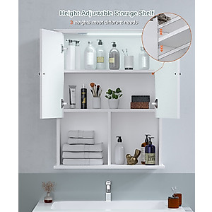 HAIOOU Bathroom Wall Cabinet with Motion Sensor LED Light, Wooden Medicine Cabinet Wall Mounted Cupboard, Over Toilet Storage Cabinet with Buffering Hinges and Adjustable Shelf - Modern White