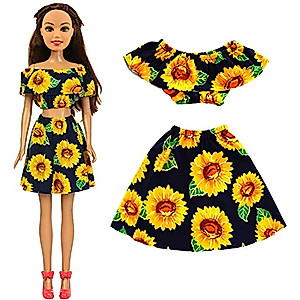 ZITA ELEMENT 3 Sets Fashion 28 Inch Girl Doll Clothes Dress Outfits - Quality Casual Wear Clothes Set, Fashion Sun Flower Off Shoulder Dress and Sequined Flared Pants for 28 Inch Girl Doll Clothing