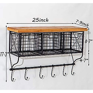 Ctystallove Industrial Wall Mounted Metal Wood Shelf with Baskets Hooks Hanging Storage Rack Display Shelf Sundries Holder for Coffee Bar Kitchen Office Bathroom Organization and Home Decor, Black