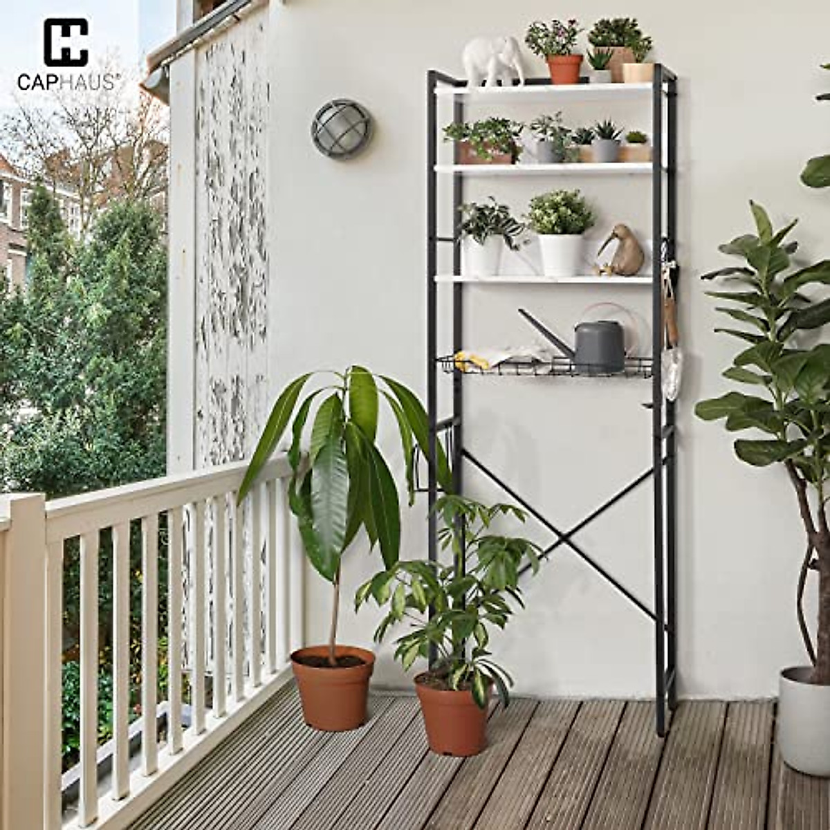 CAPHAUS Over The Toilet Storage, 4-Tier Bathroom Organizer, Freestanding Toilet Shelf, Multifunctional Space Saver Toilet Rack with 4 Hooks, Laundry Organizer, Plant Stand for Balcony (Marble White)