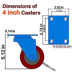 ABSLIMUS 4 inch Heavy Duty Casters Load 2400lbs, Lockable Bearing Plate Caster Wheels with Brakes, 360-degree Swivel Casters for Furniture and Workbench Cart, Set of 4 (Free Screws and a Spanner)
