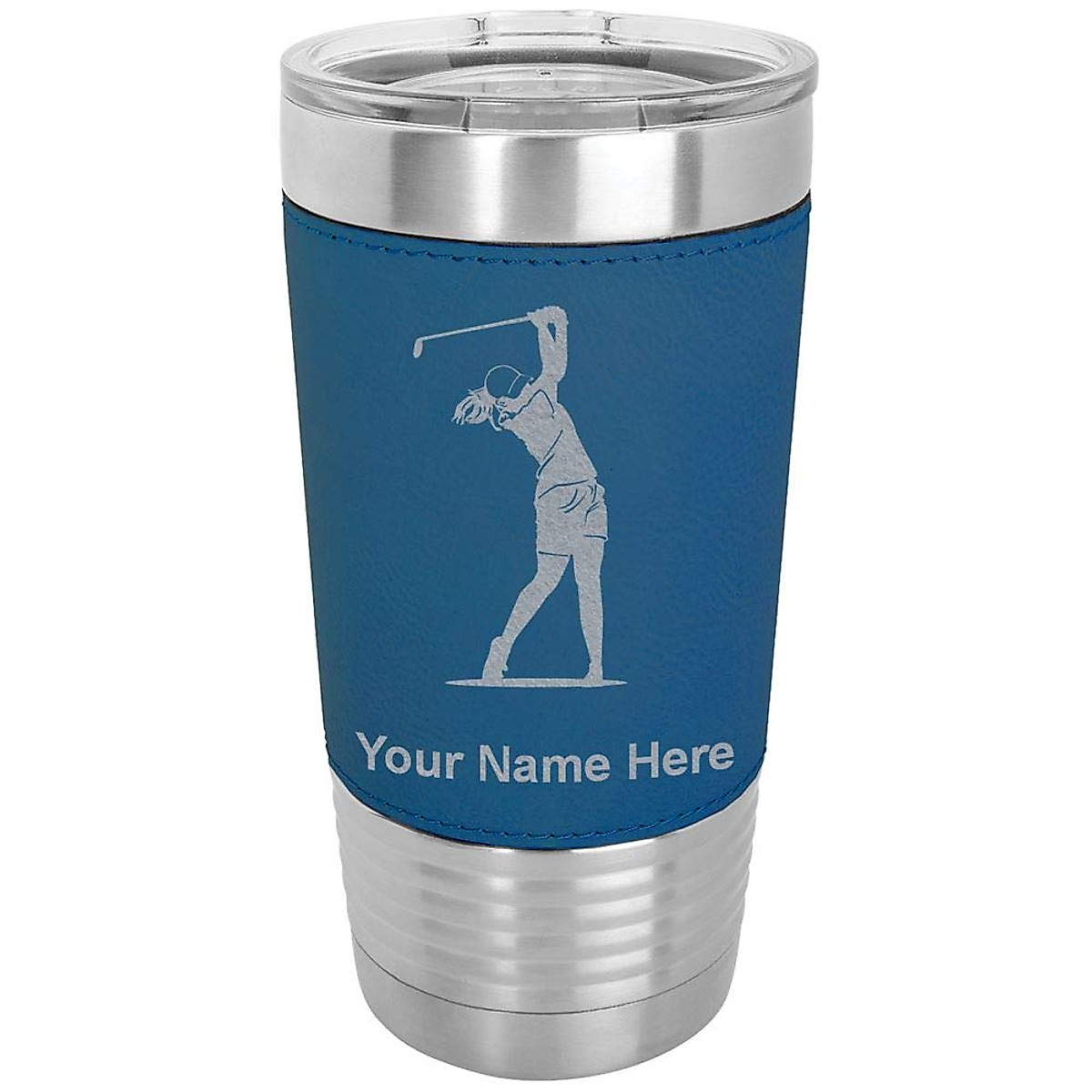 LaserGram 20oz Vacuum Insulated Tumbler Mug, Golfer Woman, Personalized Engraving Included (Faux Leather, Blue)
