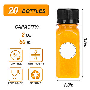 Moretoes 20pcs 2oz Plastic Bottles with Caps, Empty Juice Bottles for Juicing, Reusable Juice Containers with Labels, Funnel and Brush for Potion, Ginger Shots, Oils, and Other Juicing Beverages
