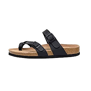 CUSHIONAIRE Luna Cork Footbed Women's Sandals - Comfortable Slip-On Slides with Adjustable Straps & Memory Foam for All-Day Wear | Beach Essential Summer Sandals for Women 2025, BLACK 9