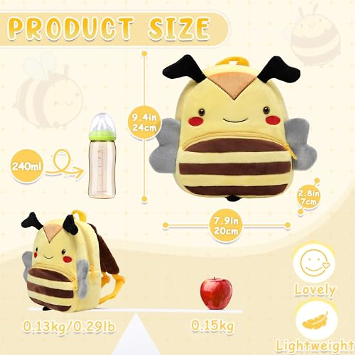 Kasqo Cute Toddler Backpack for Boys and Girls, 9.4" 3D Soft Plush Animal Mini Lightweight Travel Bag for Baby, Flying Bee