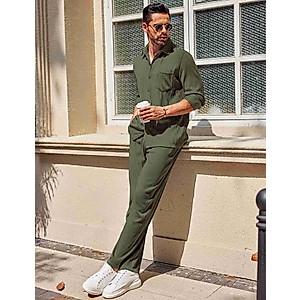 COOFANDY Mens Matching Shirt and Pants Set Long Sleeve Button Up Shirts Ribbed Pants with Pockets Lounge Tracksuits