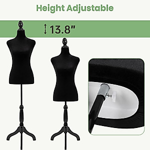 Manequin Body Female,Dress Form 49.6-63.4 Inch Height Adjustable,Mannequin Torso with Wooden Tripod Stand,High Density Foam Portable Display Mannequin for Sewing, Dressmaker, Clothing Display, Black