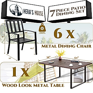HERA'S HOUSE 7 Pieces Patio Dining Set, Table and Chairs Set for 6, 6 x Stackable Metal Chair, 1 x 64 Outdoor Metal Dining Table for Patio Lawn Garden Porch Deck