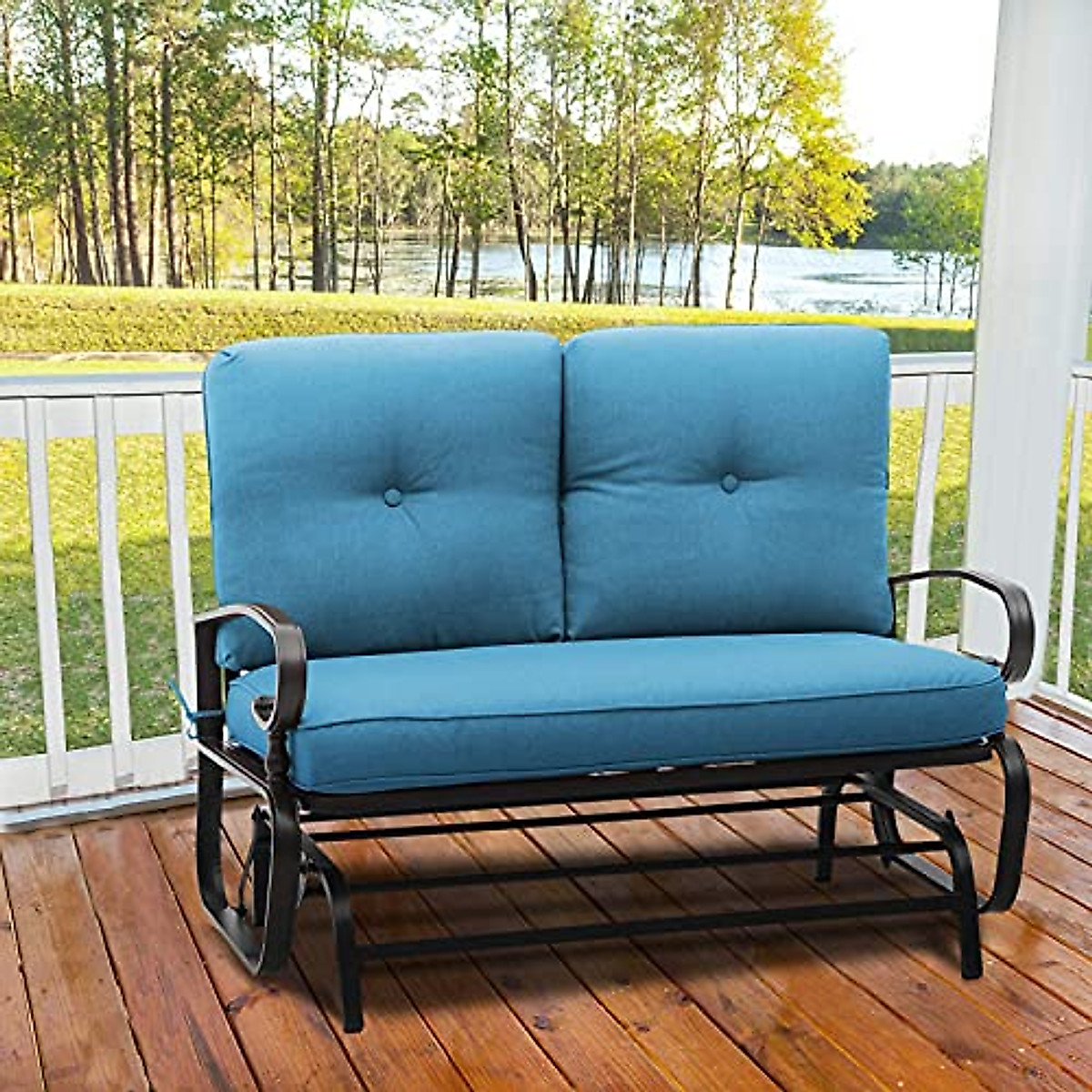 Omelaza Patio Bench, Porch Glider Outdoor Swing Glider Rocking Loveseat, Steel Frame Chair with Thick Cushion (Peacock Blue)