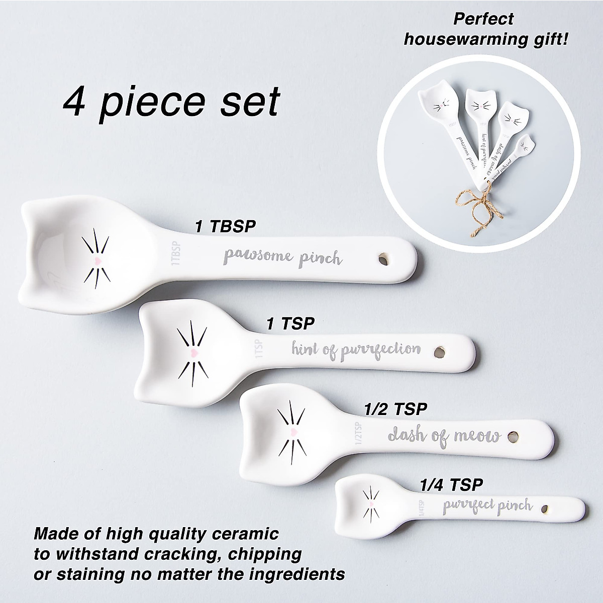 Votum Ceramic Measuring Spoons Set - Adorable Cat Shaped Stackable Spoons with Hand Painted Details - 4 Piece Set: 1 tbsp, 1 tsp, 1/2 tsp & 1/4 tsp