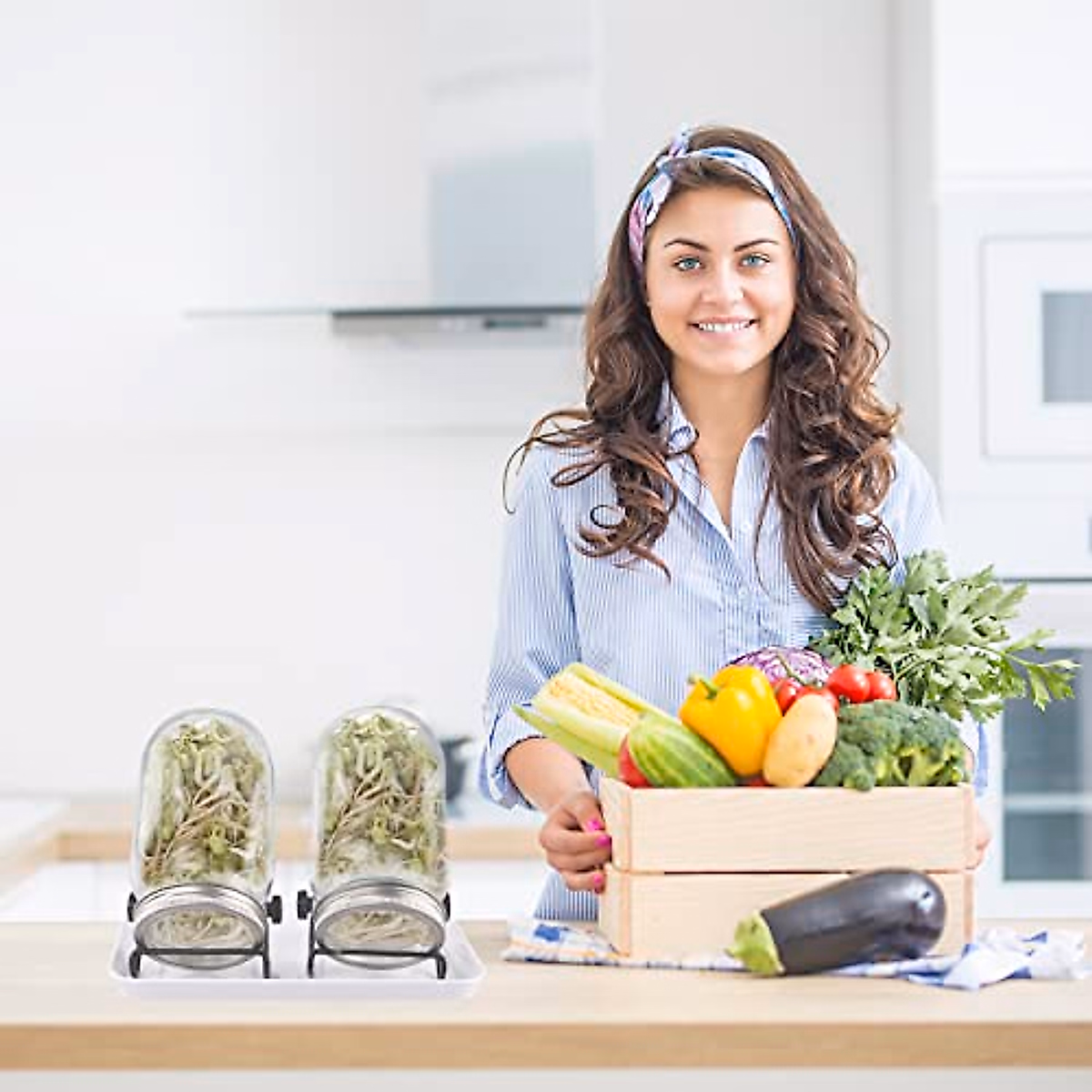 C CRYSTAL LEMON Sprouting Jar Kit – Sprouts Growing Kit with 32oz Glass Sprouting Jars with Screen Lids, Jar Stands, Drip Tray – Indoor Grow Kit for Alfalfa, Beans, Broccoli, Microgreens