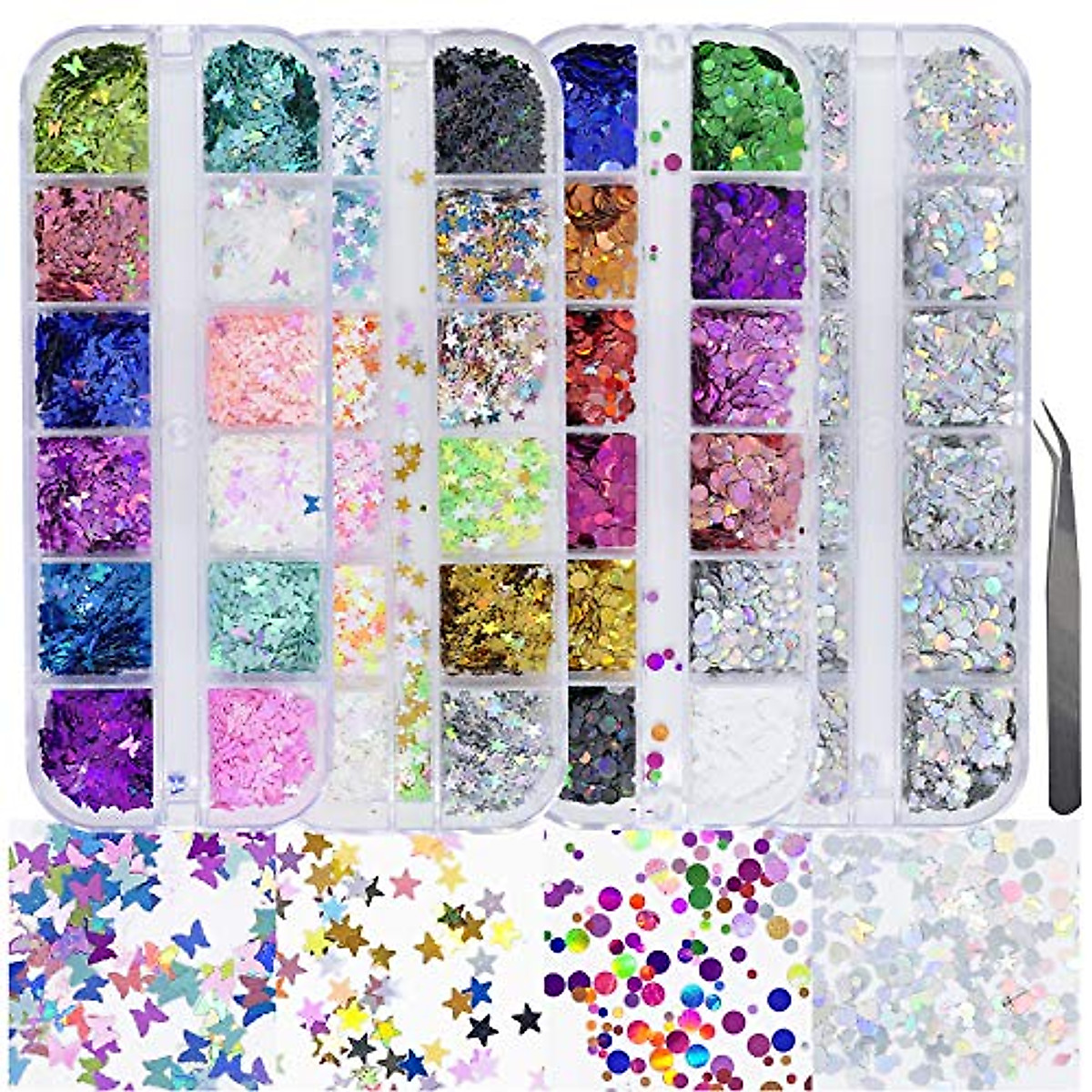 AddFavor 4 Boxes Holographic Nail Sequins Shapes Mixed Iridescent Nail Glitter Flakes Butterfly Hearts Star DIY Design Manicure Decorations Sets for Nail Art/Craft/Makeup (Style A)