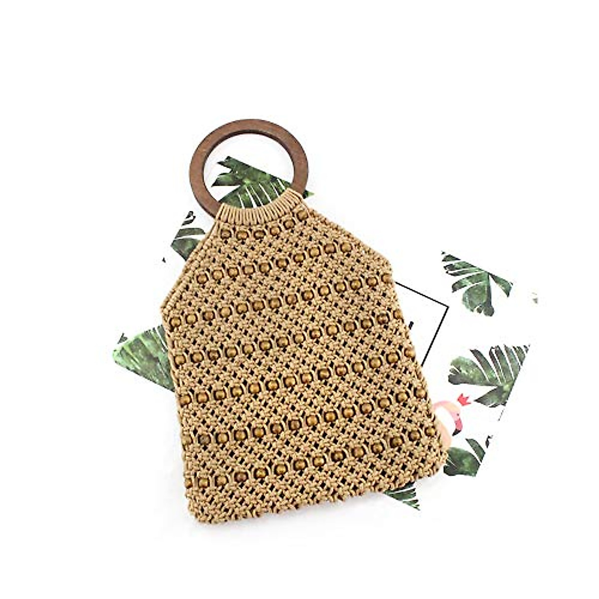 QTKJ Hand-woven Cotton Hollow Out Beaded Tote Bag for Women Boho Beach Crochet Bag Handbag with Wooden Round Handle (Brown)
