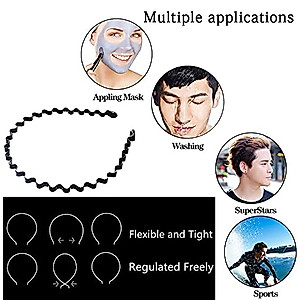 JERLITU Metal Hair Band - 6 Pieces Metal Headband for Men and Women, Adjustable, Durable, Wavy Hairband, Hair Bands for Sports, Fashion, Unisex, Black, Elastic, 6 Count