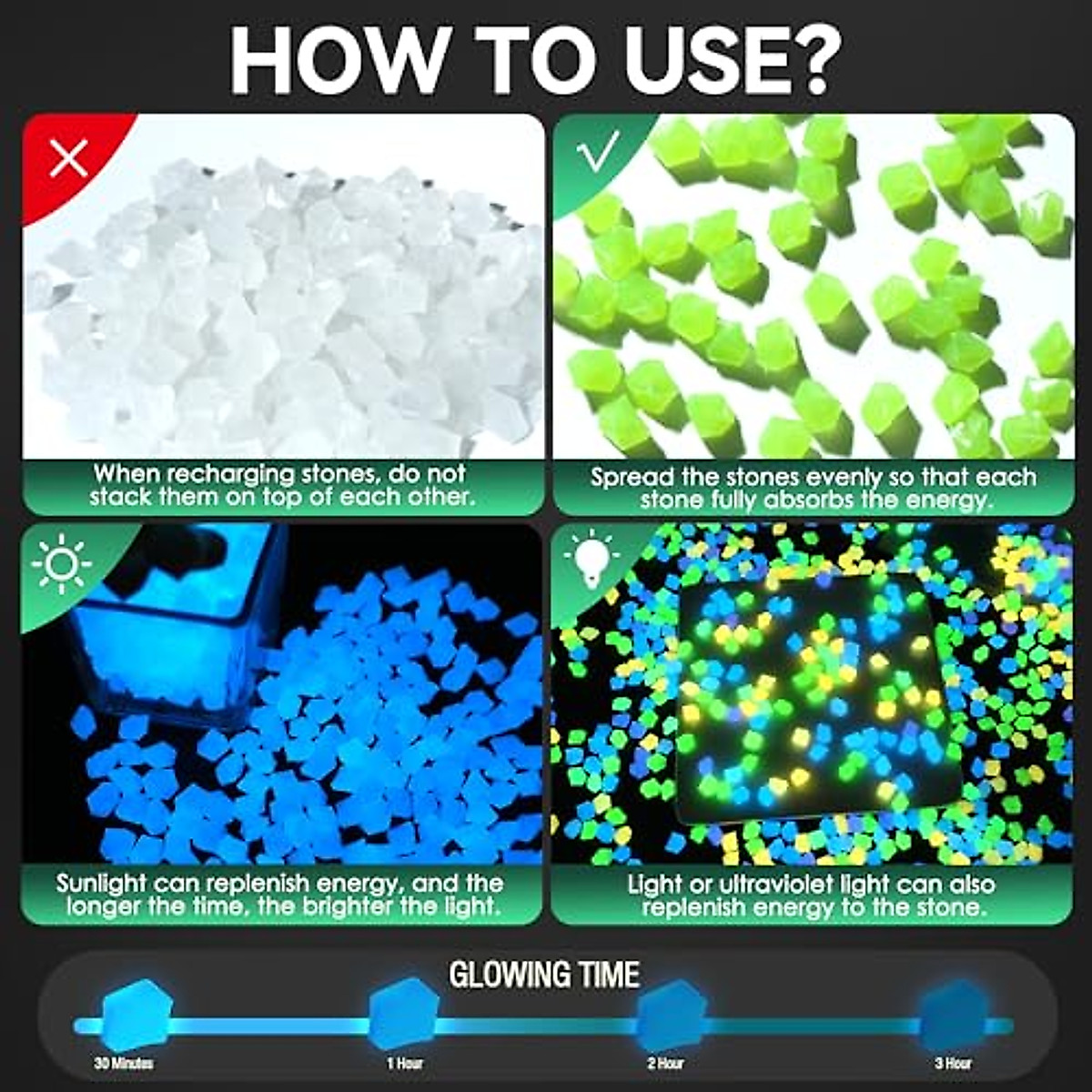 Glow in The Dark Rocks Outdoor Garden Decoration Stones, 1000 PCS Glow Pebbles Diamond Shape Luminous Stones for Outside Patio Yard Fish Tank Flower Bed Vase Potted Plant Decoration (White)