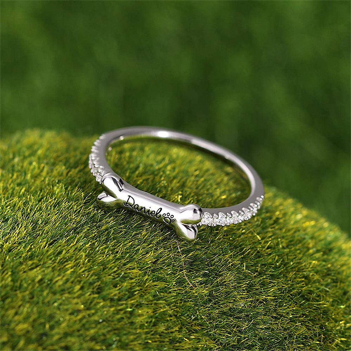 AILIN CZ Dainty Bone Shape Custom Dog Rings 925 Sterling Silver Puppy Paw Print Personalized Engraved Name Rings Pet Lovers Rememberance Memorial Jewelry Gifts For Women With Box