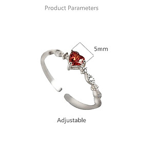 Delicate Red Heart 925 Sterling Silver Statement Adjustable Ring for Women Girls Cubic Zirconia CZ Love-Heart Shaped Beaded Open Wrap Rings Comfort Fit Birthday Wedding Anniversary Jewelry Size 6-10