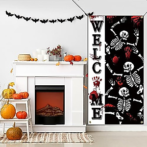 SENSEVEN Halloween Skull Door Banner, Scary Spooky Skeleton Halloween Welcome Door Cover, Day of The Dead Skeleton Halloween Holiday Porch Sign Door Decor Backdrop Banner 70.9 x 35.4 Inches