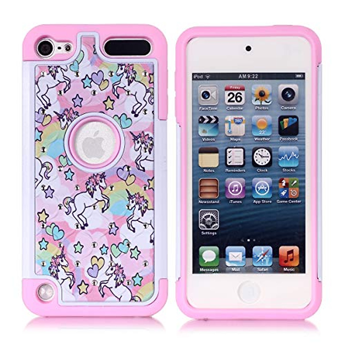Apple iPod Touch 5,6th Case, iPod 7th Generation Case, Rainbow Unicorn Pattern Shockproof Studded Rhinestone Crystal Bling Hybrid Case Silicone Protective Armor for Apple iPod Touch 5 6th Generation