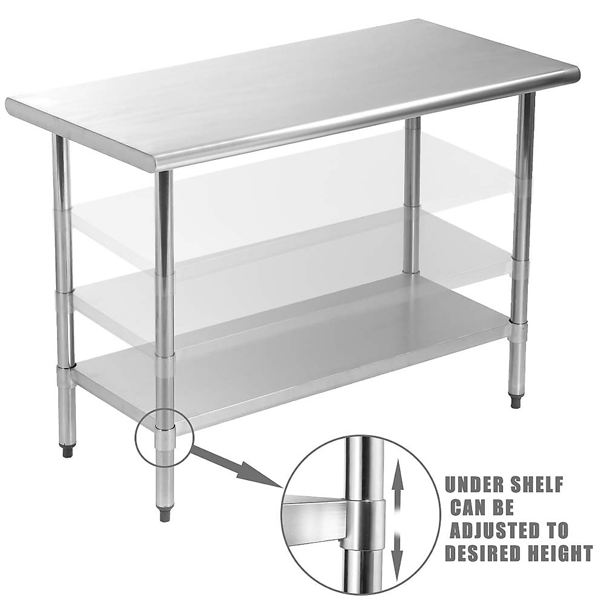 Kitchen Work Table NSF Certification Commercial Stainless Steel Prep Table W/Adjustable Foot Galvanized Base Shelf (24" x 48")