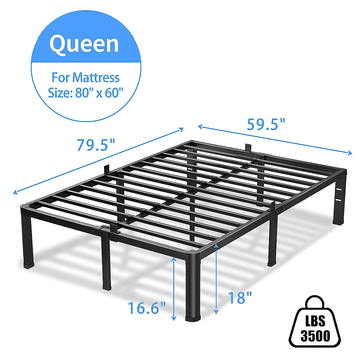 VIPSHOW 18 Inch Queen Bed Frame, 3500Lbs Heavy Duty Metal Platform with Round Corner Legs Mattress Slide Stopper, Steel Slat Support No Box Spring Needed, Noise Free, Non-Slip, Easy Assembly