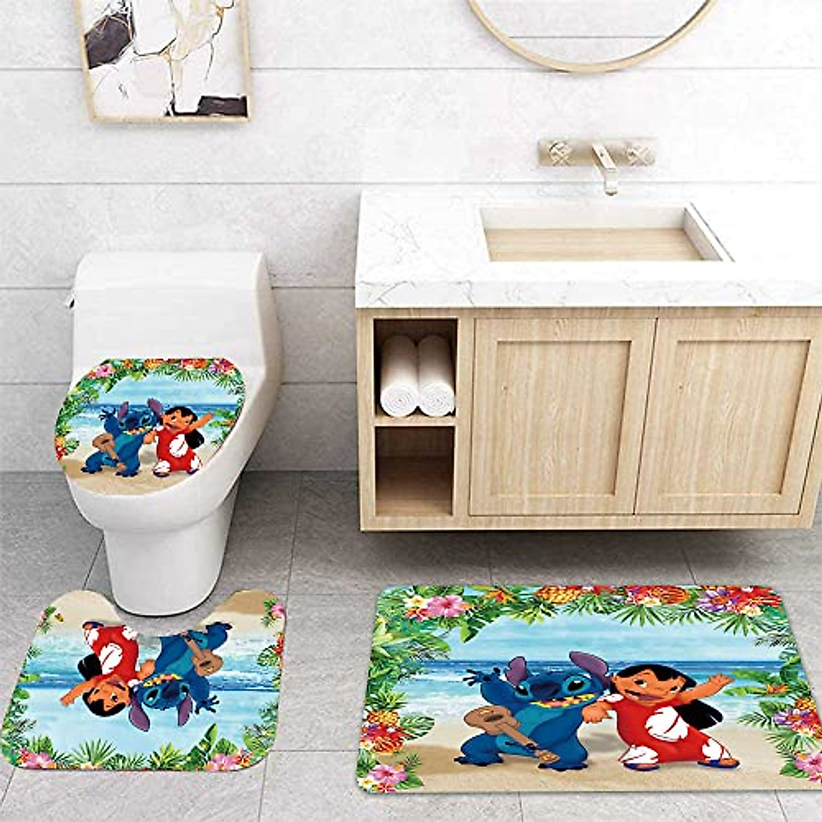 REAGTUGHT 4PCS Lilo & Stitch Shower Curtain Set with Non-Slip Rugs Toilet Lid Cover and Bath Mat Cartoon Shower Curtain with 12 Hooks Durable Waterproof Shower Curtain for Bathroom Set Decor