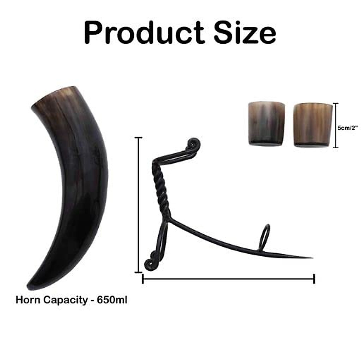 Mythrojan Drinking Horn Authentic Medieval Inspired Viking Wine/Mead Mug 650ml Bundle with Hand Forged Drinking Ale Horn Rack Twisted & Viking Norse Medieval Horn Shot Glass Pair